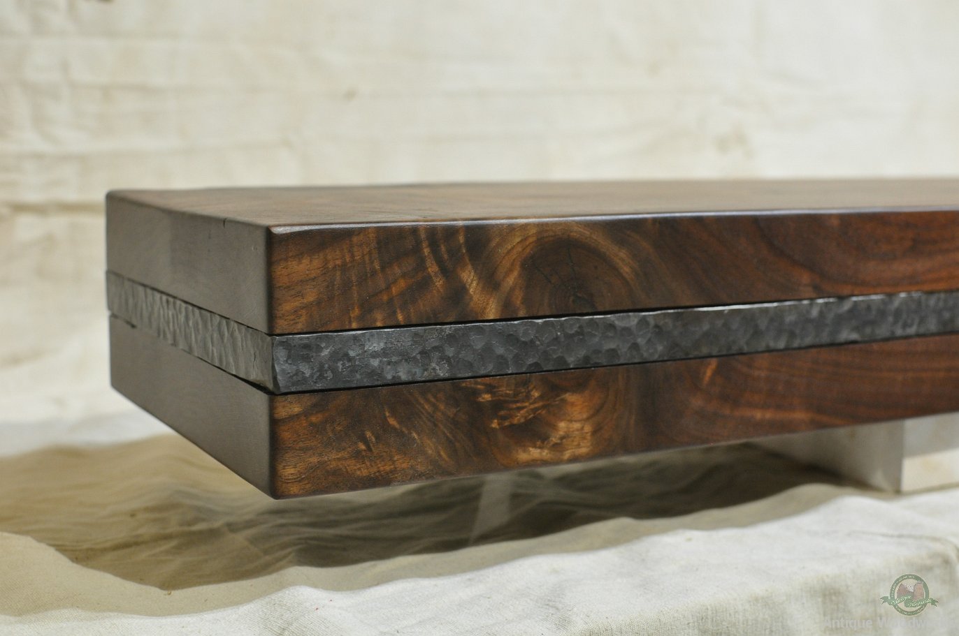 Custom Walnut Mantel with Metal Inlay - Antique Woodworks
