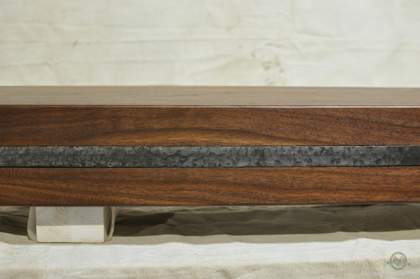 Custom Walnut Mantel with Metal Inlay - Antique Woodworks