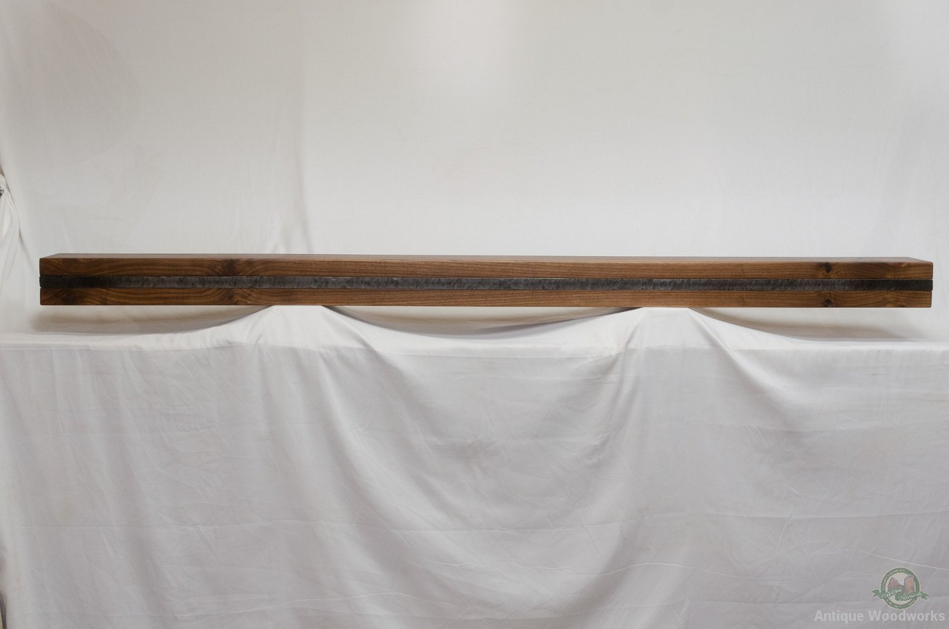 Custom Walnut Mantel with Metal Inlay - Antique Woodworks