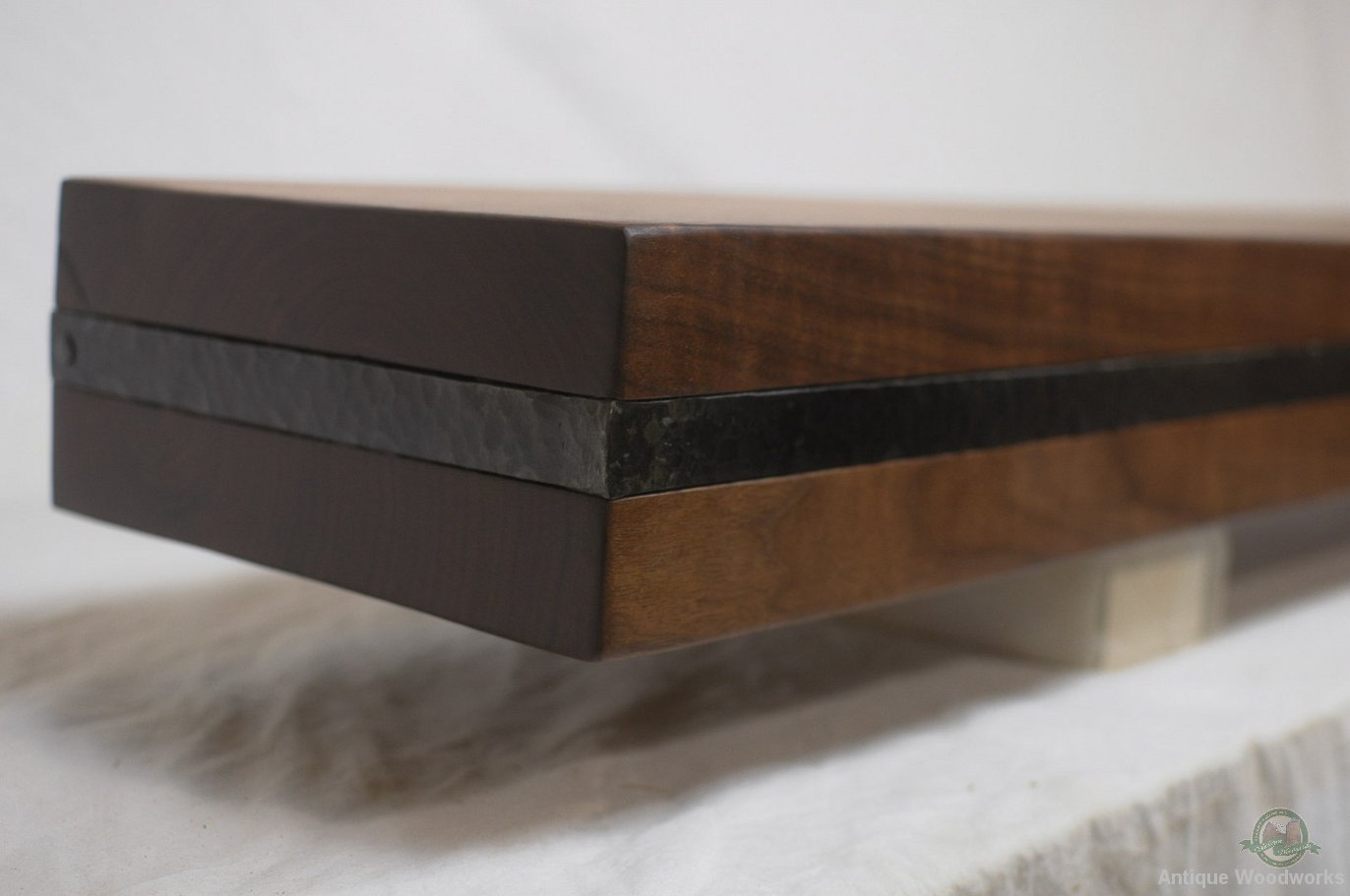 Custom Walnut Mantel with Metal Inlay - Antique Woodworks