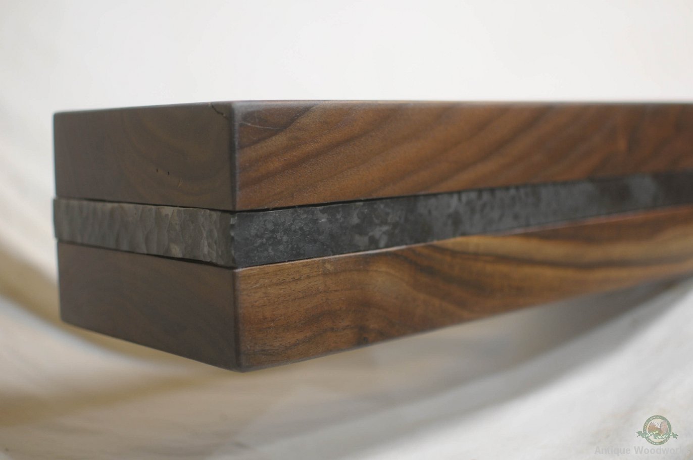 Custom Walnut Mantel with Metal Inlay - Antique Woodworks