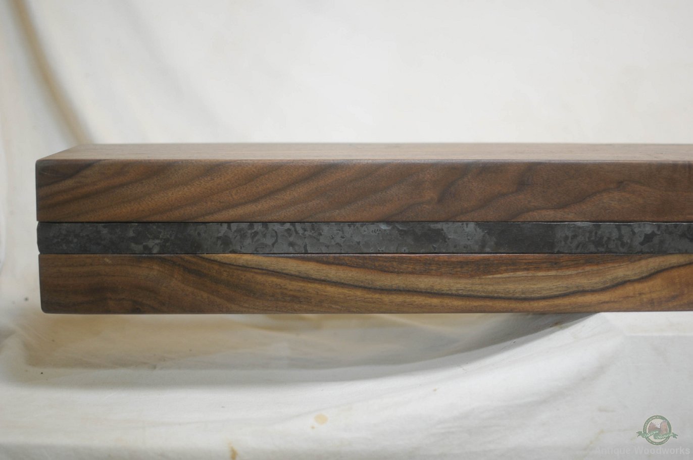 Custom Walnut Mantel with Metal Inlay - Antique Woodworks