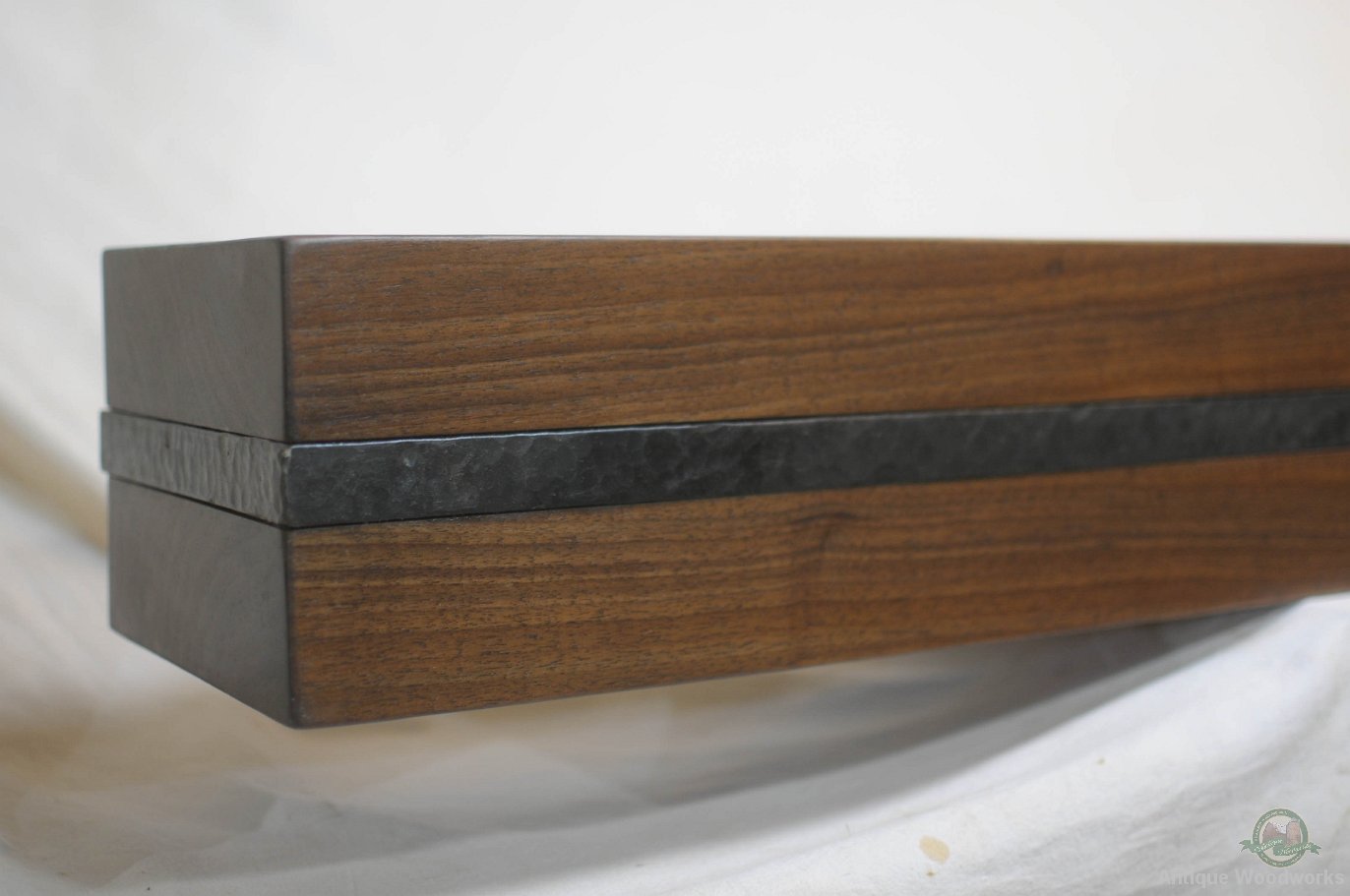 Custom Walnut Mantel with Metal Inlay - Antique Woodworks
